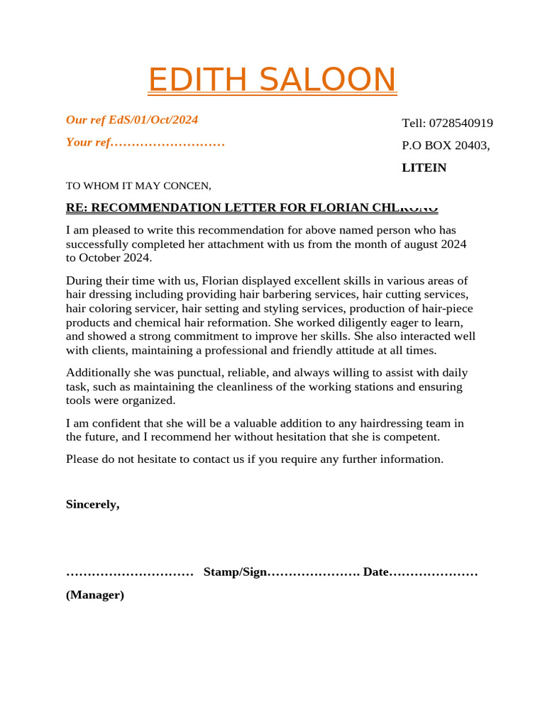 Recommendation for Hairdresser Florian Cherono | PDF