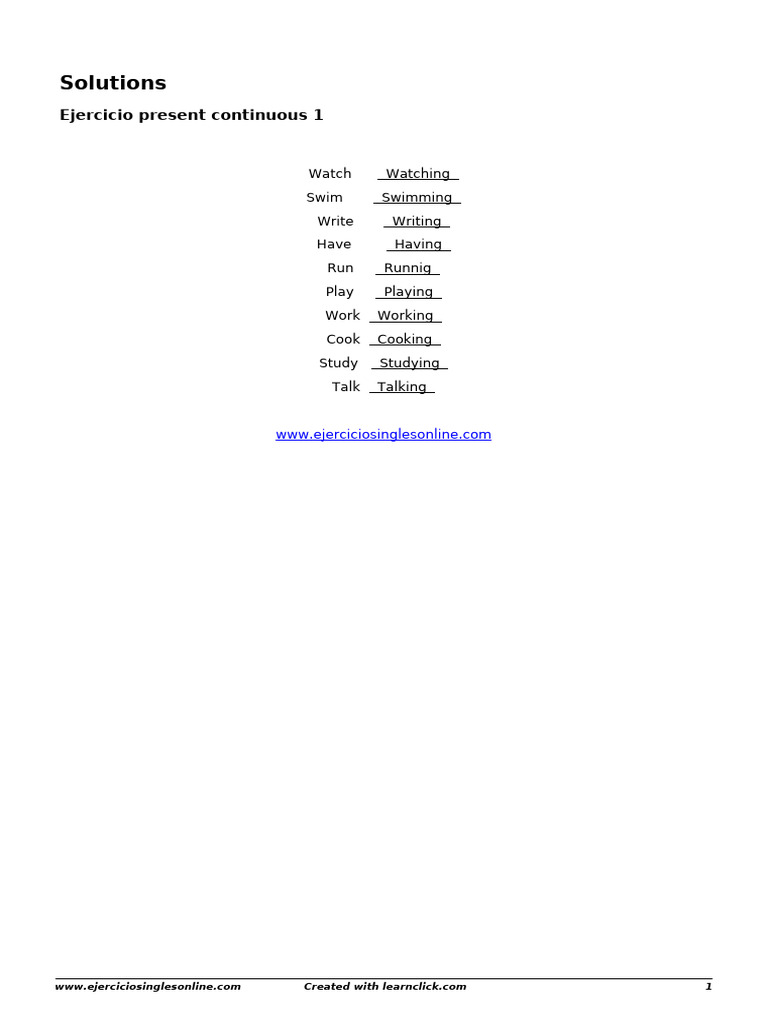 Presente Continuo - Ejercicio 1 - Soluciones | PDF