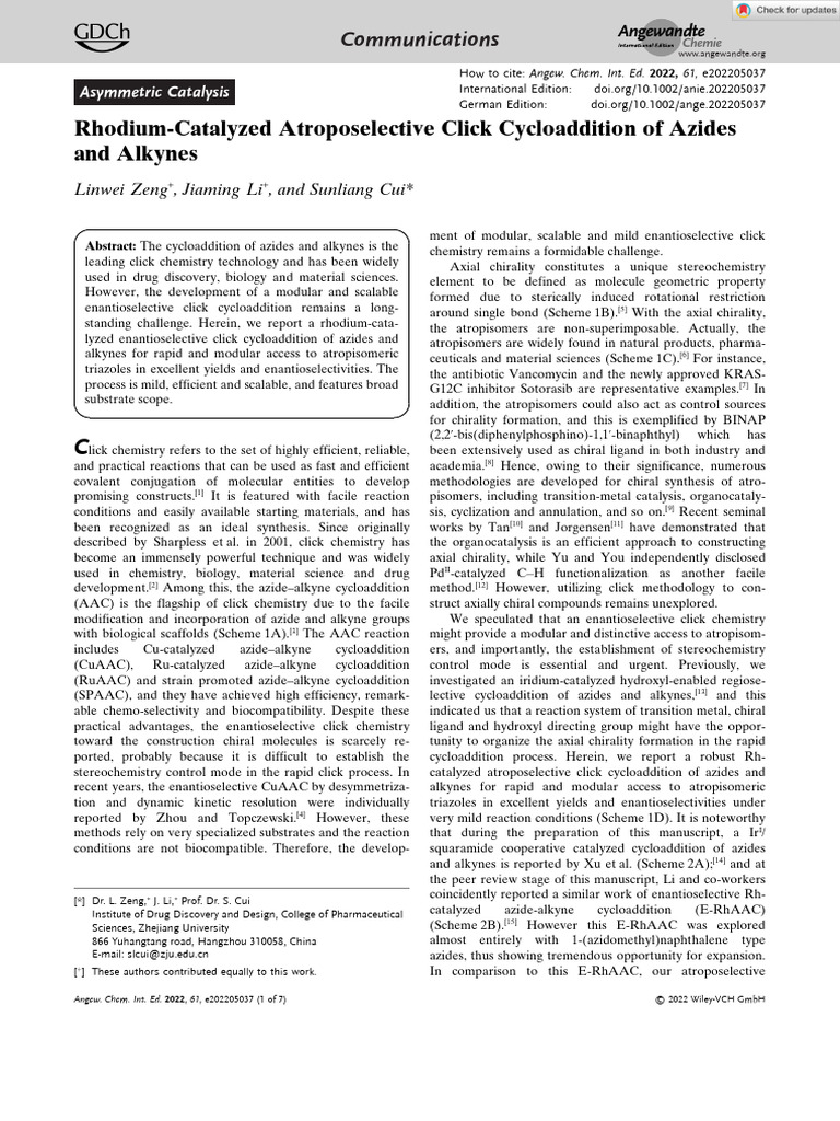 Angew Chem Int Ed - 2022 - Zeng - Rhodium Catalyzed Atroposelective ...