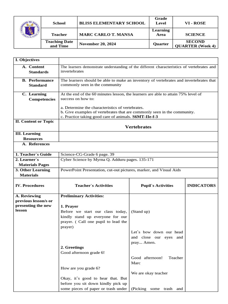 Detailed Lesson Plan Sample | PDF | Vertebrates | Mammals