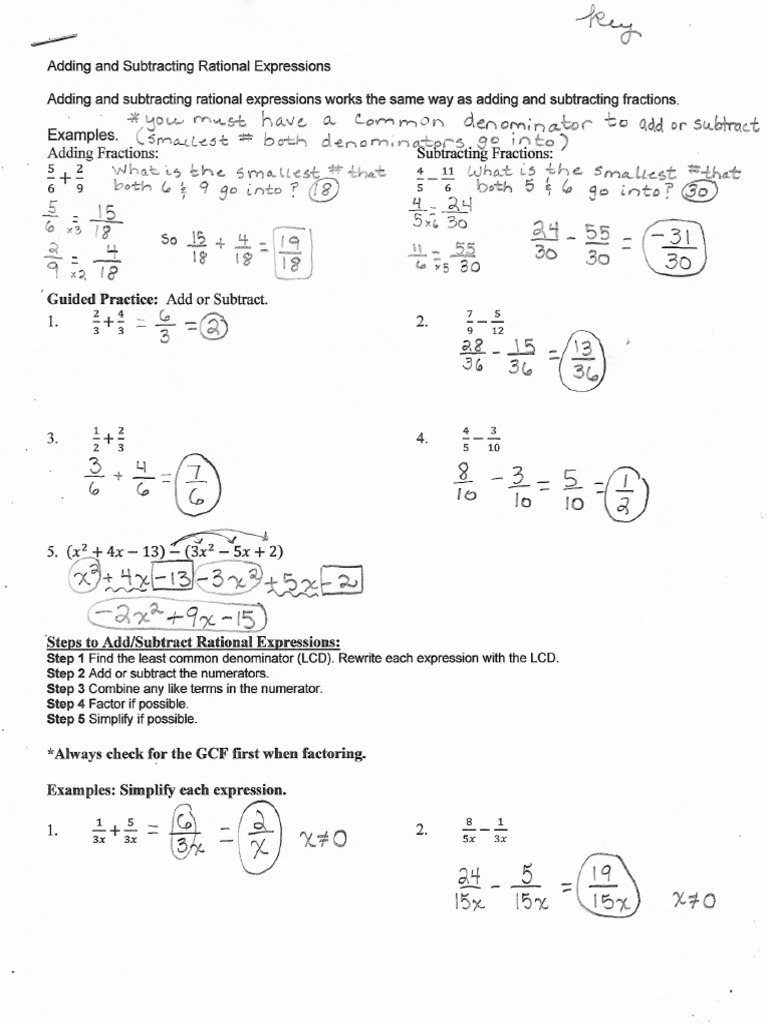 8.3a (Day 4) Adding and Subtracting Rational Expressions Notes KEY | PDF