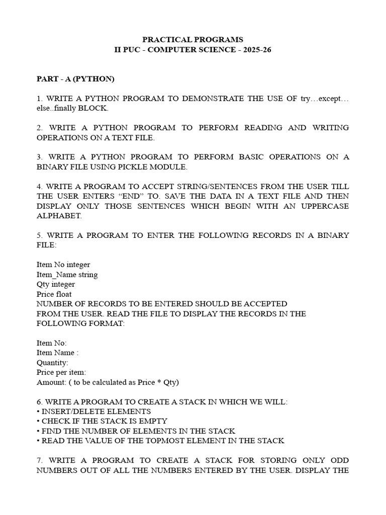 Ii Puc Computer Science 2025 26 Practical List Part A | PDF