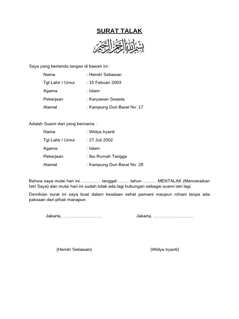 Surat Talak Hendri dan Widya | PDF