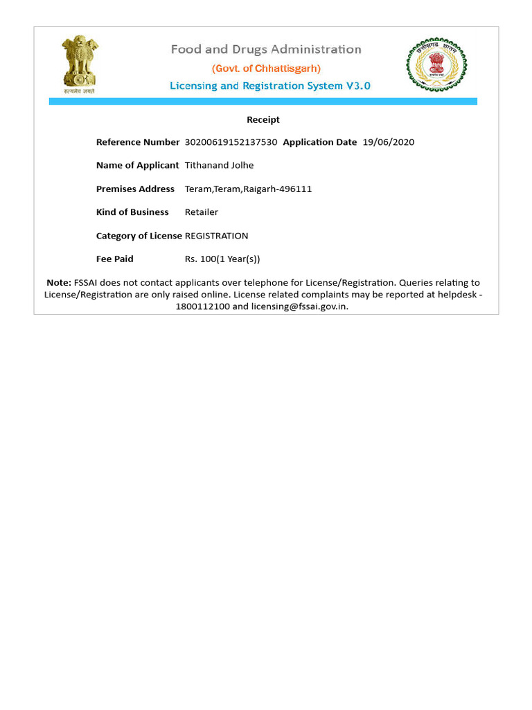 FSSAI Retail License Receipt 2020 | PDF