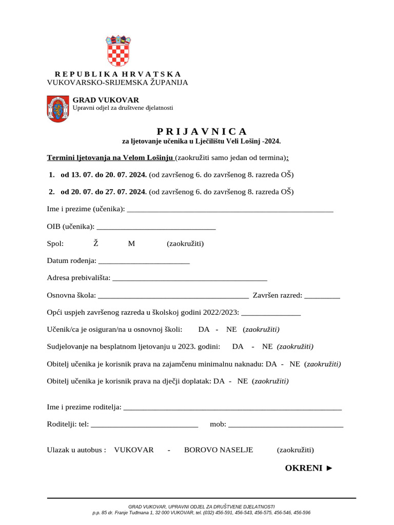 Obrazac Prijave | PDF