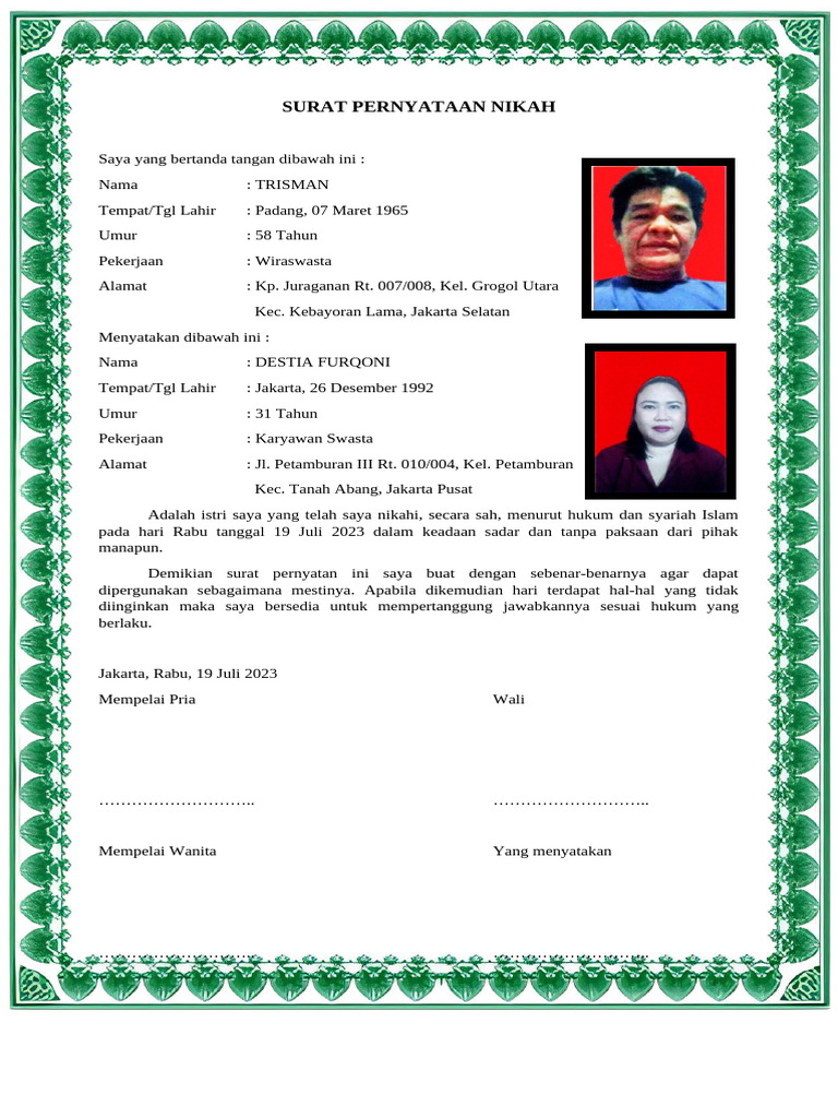 Surat Pernyataan Nikah Ketikan | PDF