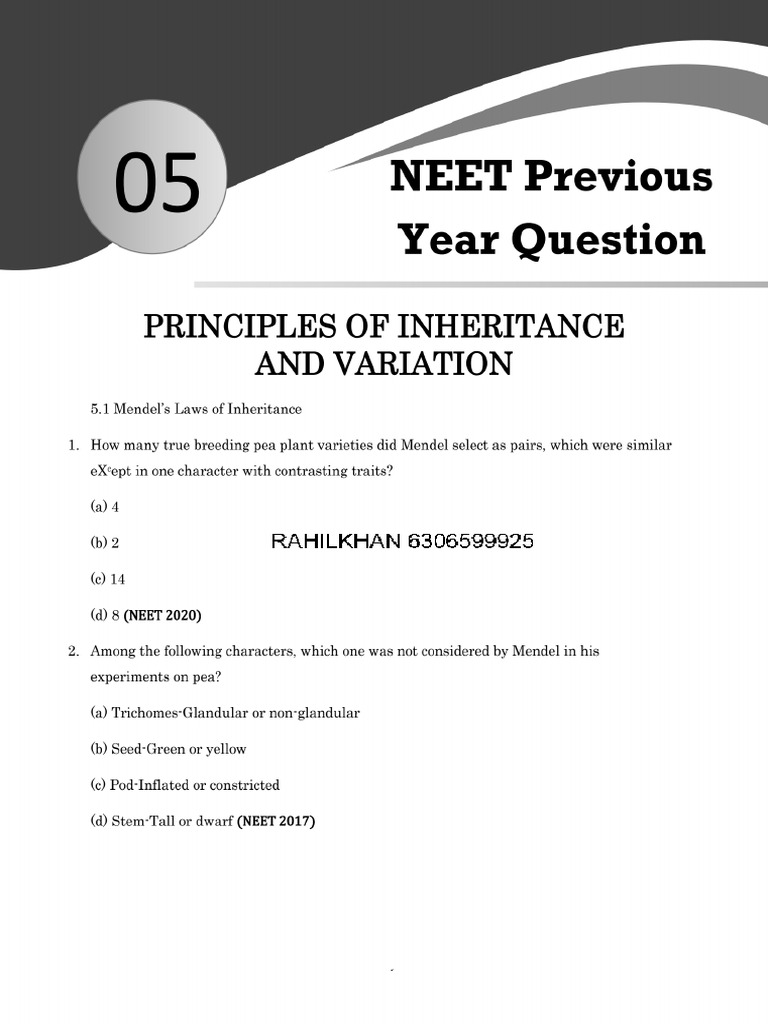 Principles of Inheritance & Variation-Neet Pyqs-6306599925-Sample | PDF