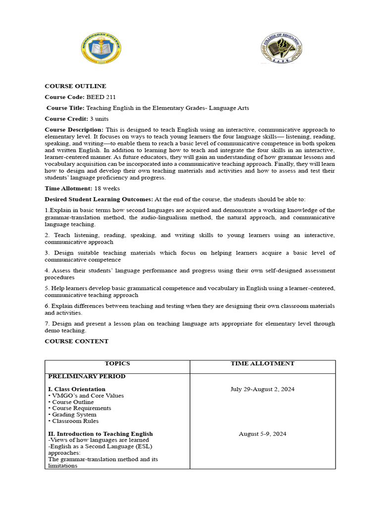 Course Outline in BEED 211 | PDF | Language Education | Second Language