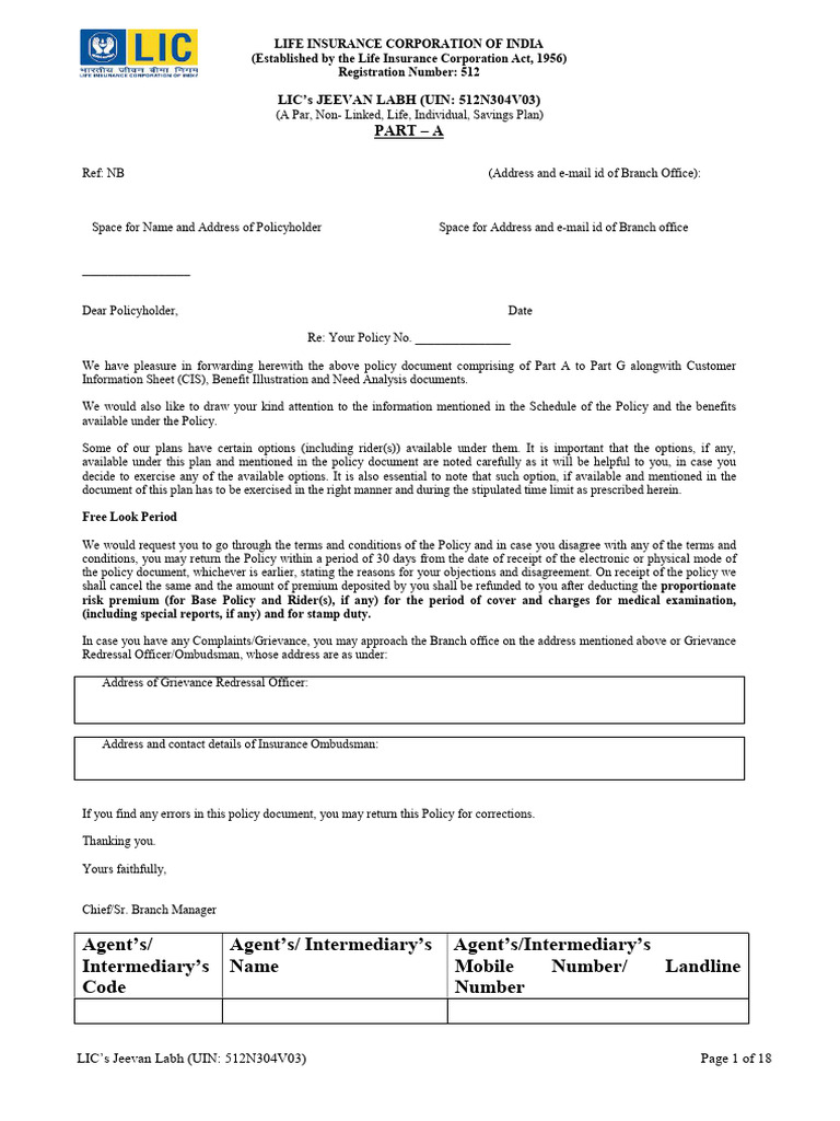 Final Policy Docs LIC's Jeevan Labh V03 Website | PDF | Insurance ...