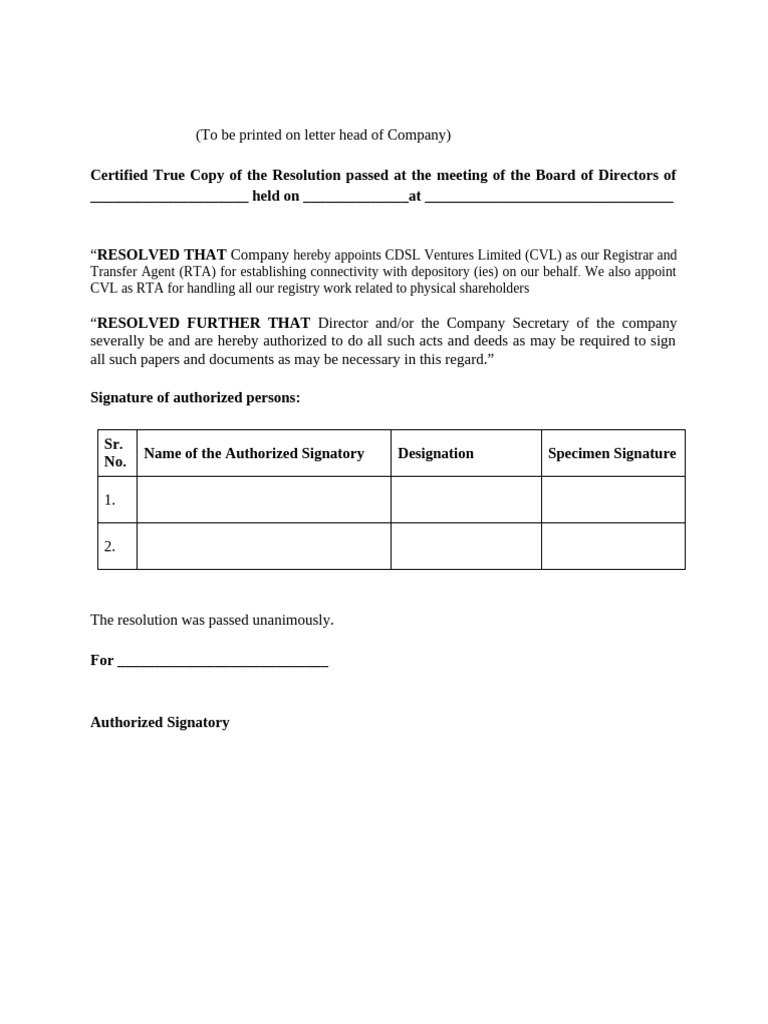 BoardResolution Auth Sign Sugg Format | PDF