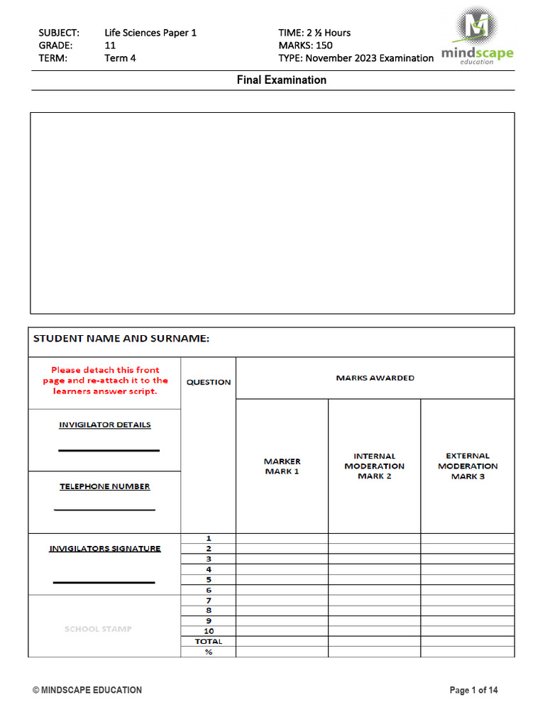 Grade 11 Life Science Paper 1 Final Examination - QP | PDF