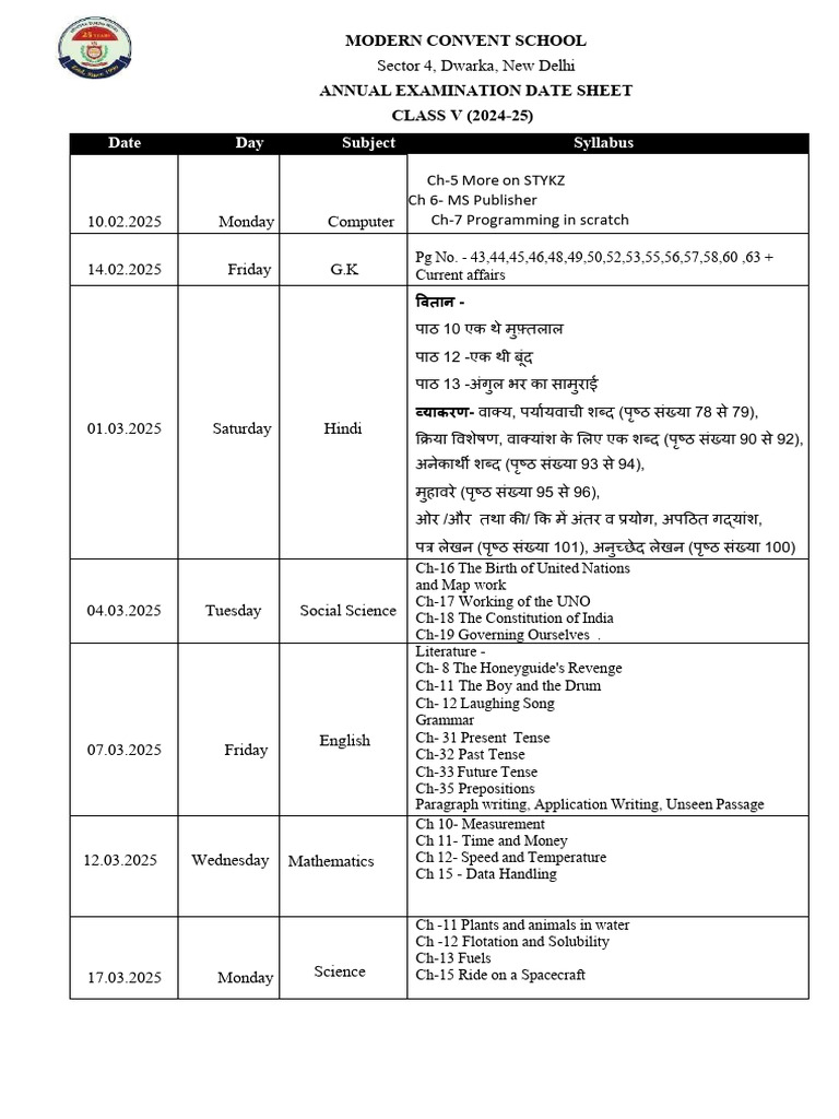 Class V Annual Exam Date Sheet 2025 | PDF