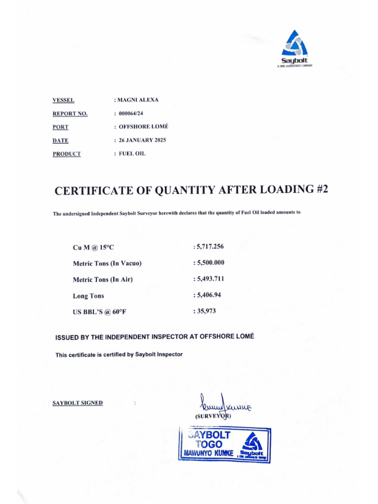 Certificate of Quantity Magni Alexa | PDF