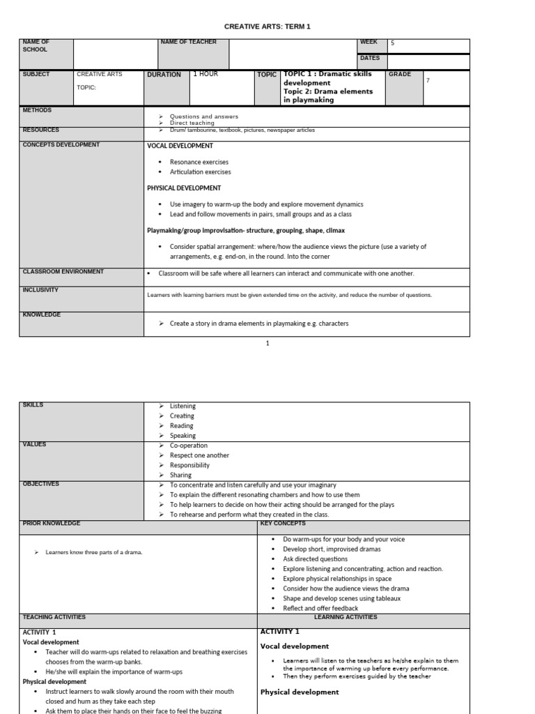 Creative Arts Lesson Plan Term 1 Week 5 Drama | PDF | Learning | Teachers
