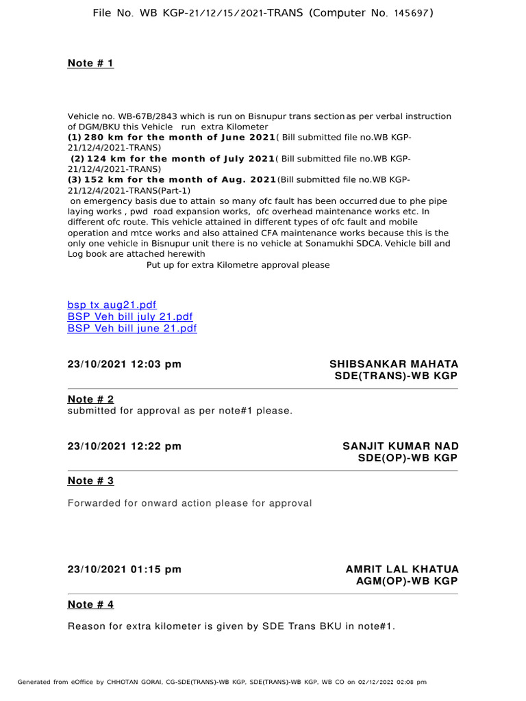 BSP Veh Extra KM Approval File | PDF