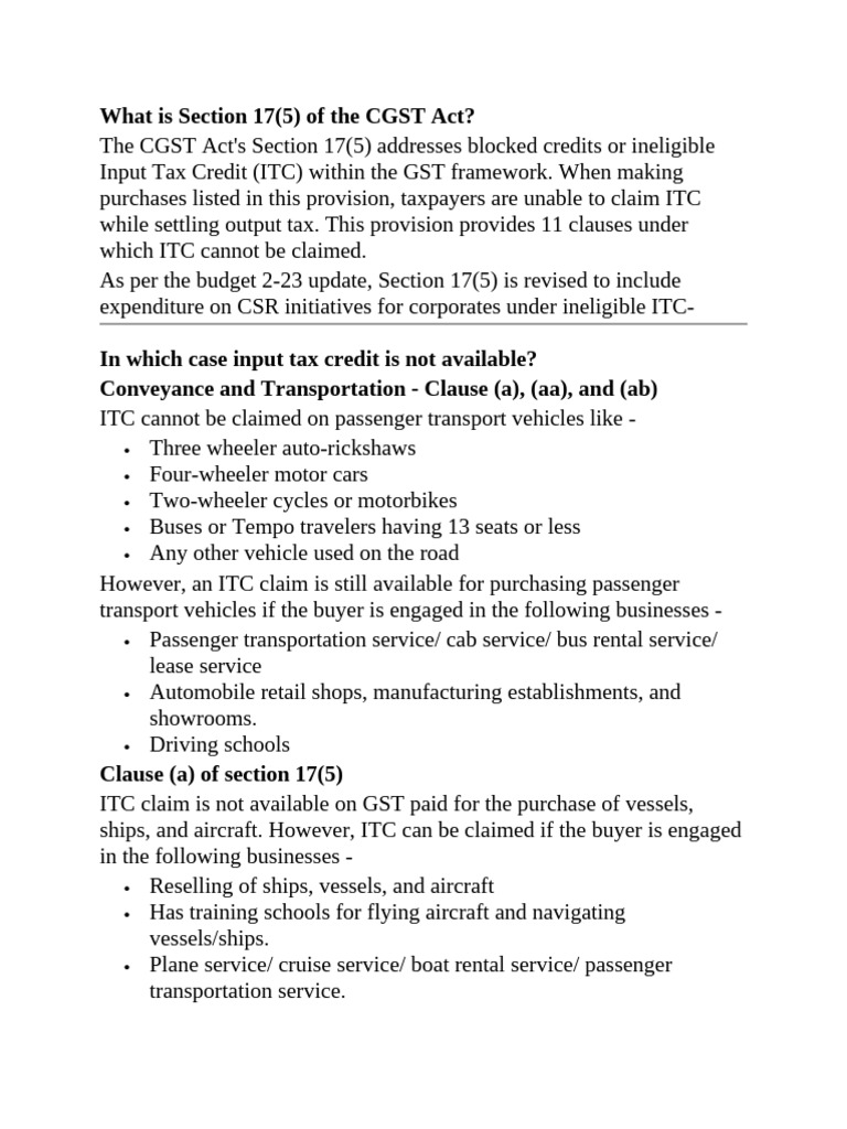 Section 17 (5) Blocking Itc | PDF | Value Added Tax | Expense