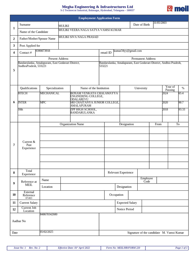MEIL Employment Application Form | PDF