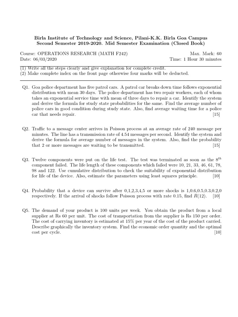 Operations Research Exam Questions 2020 | PDF | Applied Mathematics | Statistical Theory
