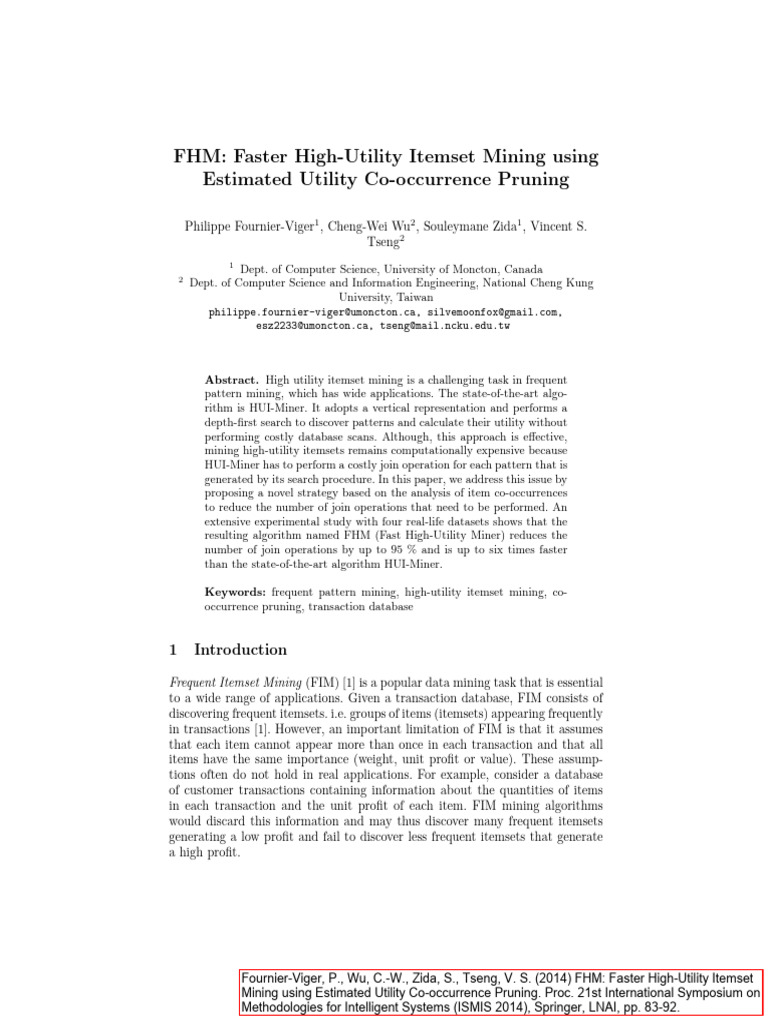 ISMIS2014 FHM Faster High Utility Itemset Mining PAPER | PDF | Applied Mathematics | Computing