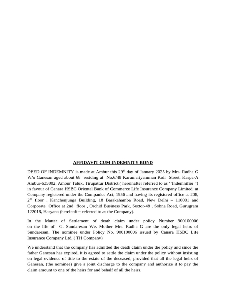 AFFIDAVIT CUM INDEMNITY BOND | PDF | Indemnity | Insurance
