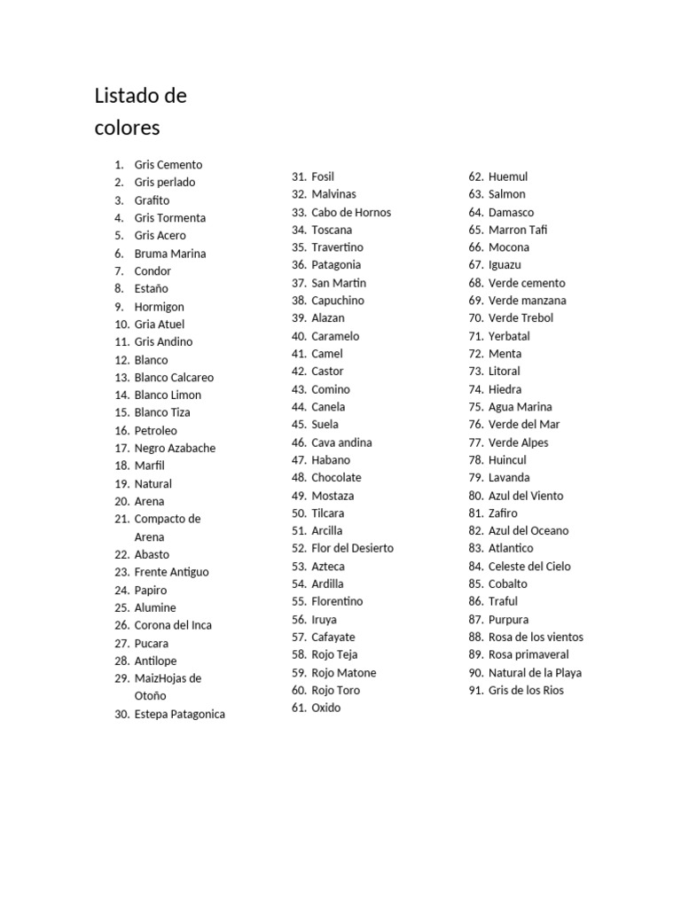 Lista de Colores Variados y Nombres | PDF
