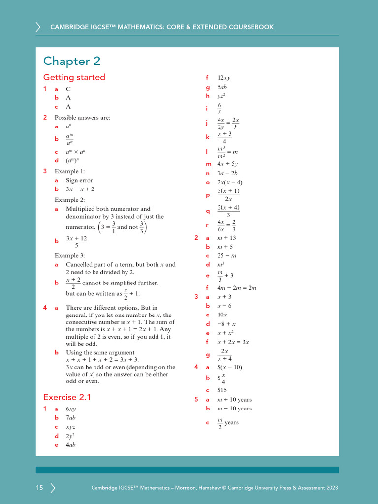 Chapter 2 Coursebook Exercises Answer Key | PDF | Arithmetic | Mathematics