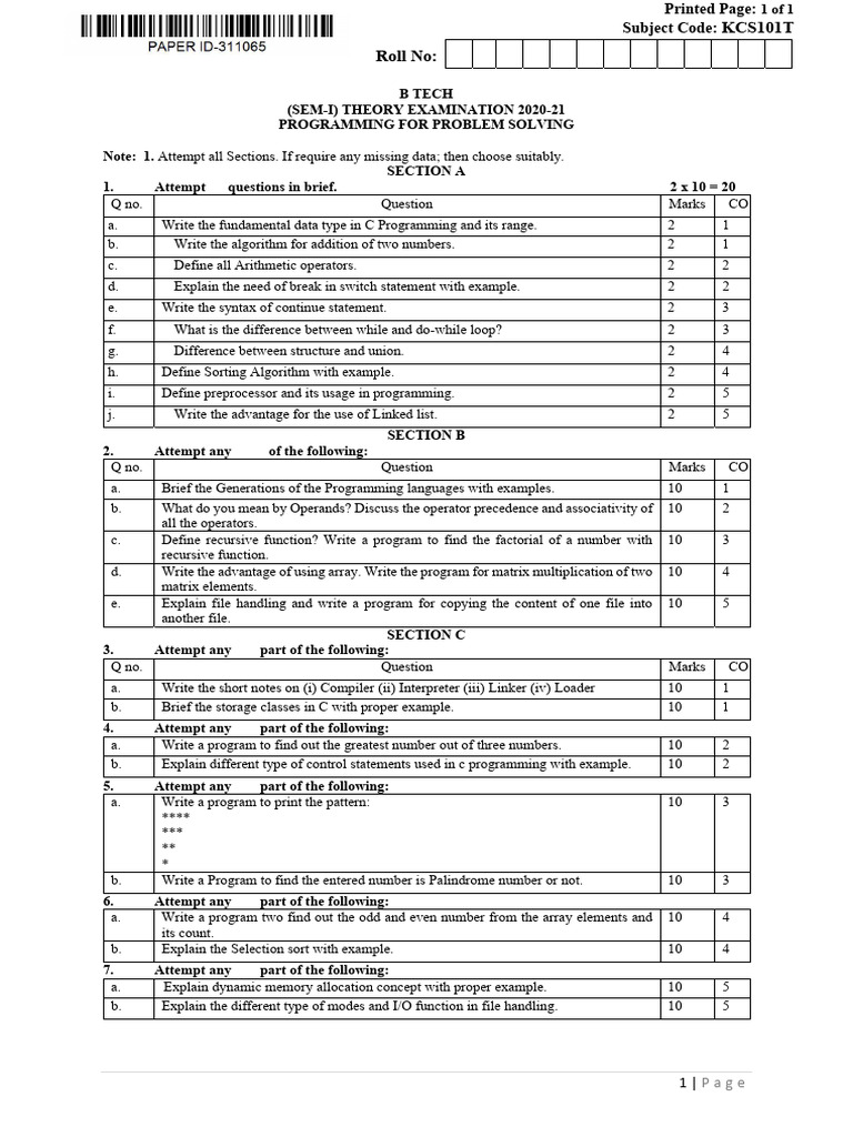 Aktu Btech 1 Sem Programming For Problem Solving Kcs101t 2021 Pdf Recursion Computer Program