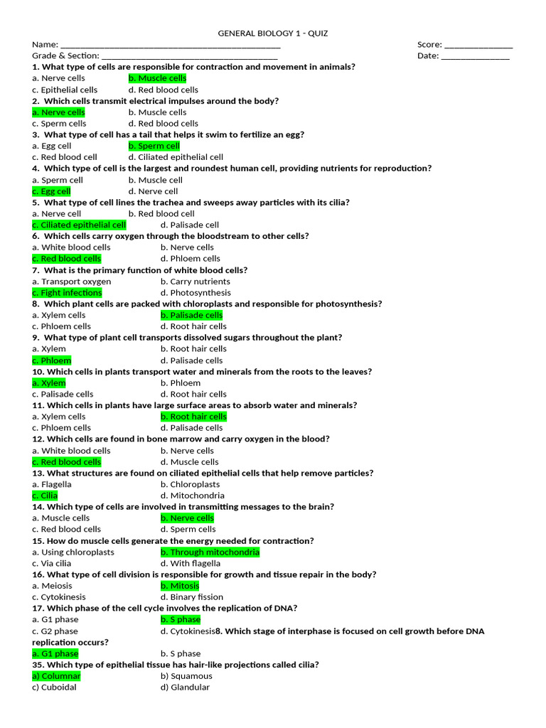 General Biology 1 Quiz: Cell Types | PDF | Cell (Biology) | Cell Growth