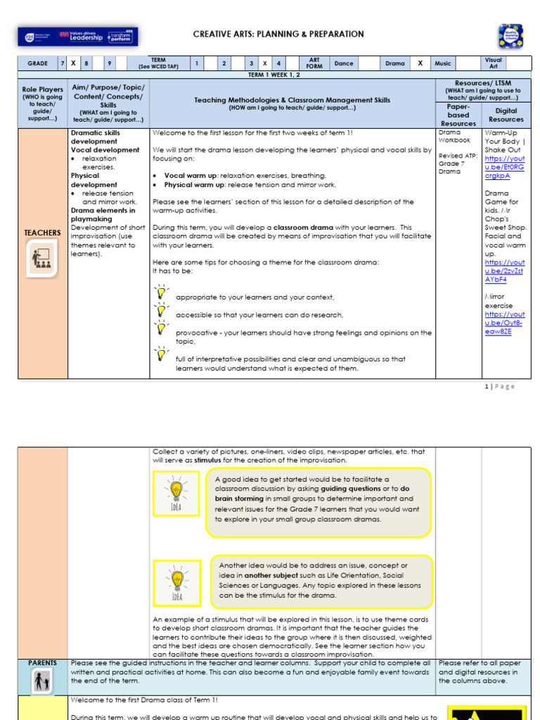 Lesson Plan GR 7 Creative Arts Drama T1 Week 1, 2 | PDF | Learning | Classroom