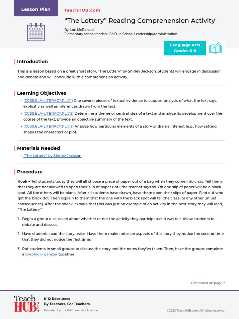 TeachHUB LP The Lottery Reading Comprehension Activity | PDF | Reading ...