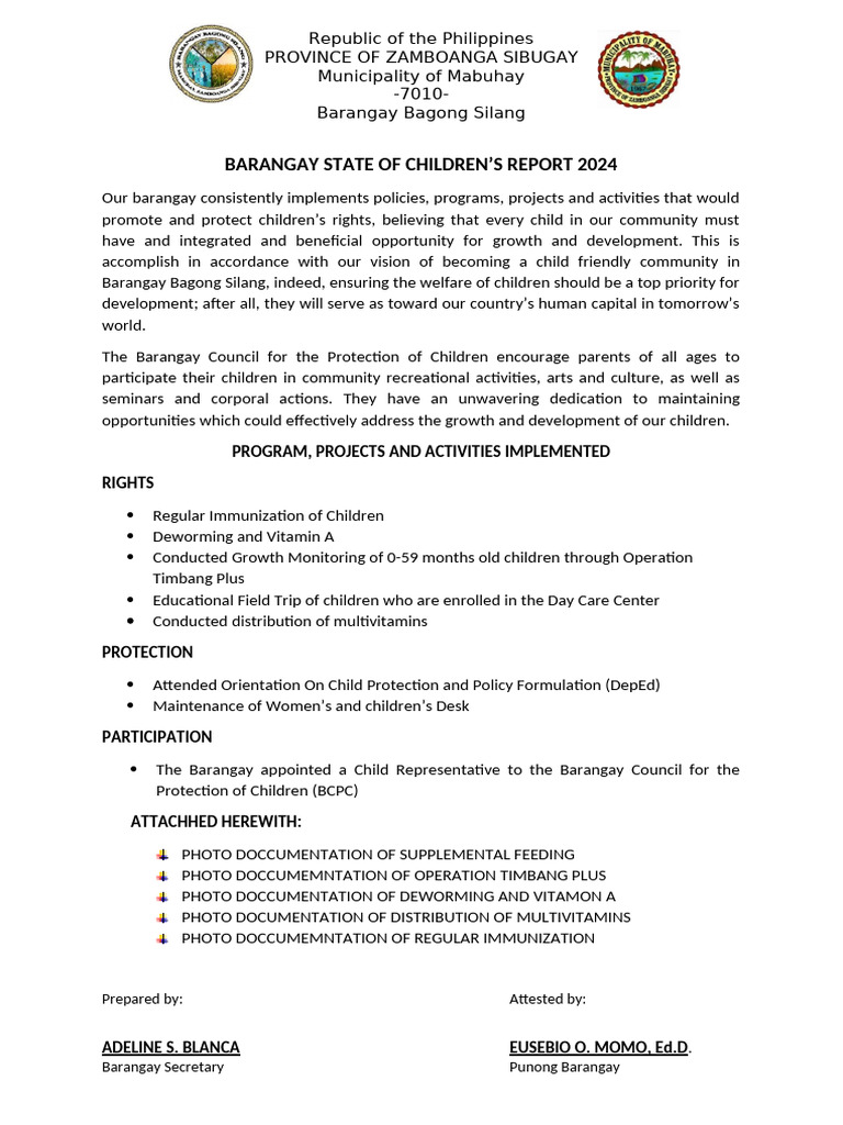 Barangay State of Children' Report 2024 | PDF | Nutrition | Diet ...
