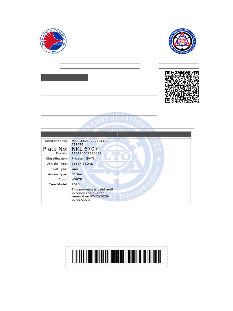Official Receipt: Plate No: NKL 6707 | PDF | Transport | Payments