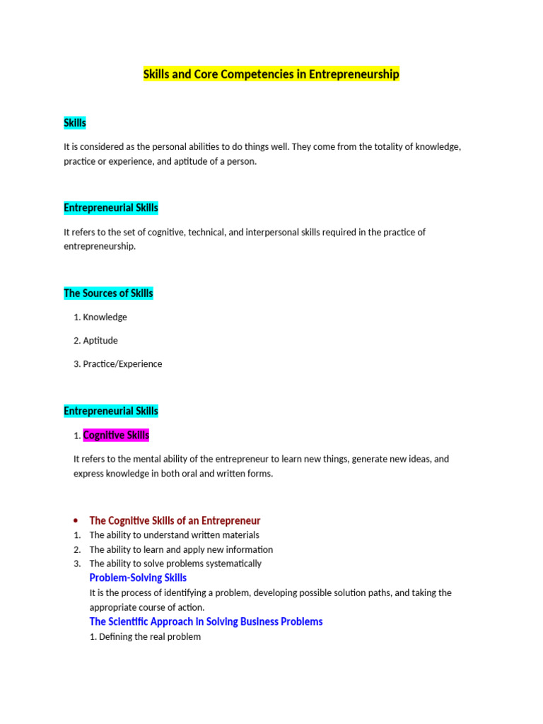 Entrepreneurship Skills and Competencies | PDF | Entrepreneurship | Skill