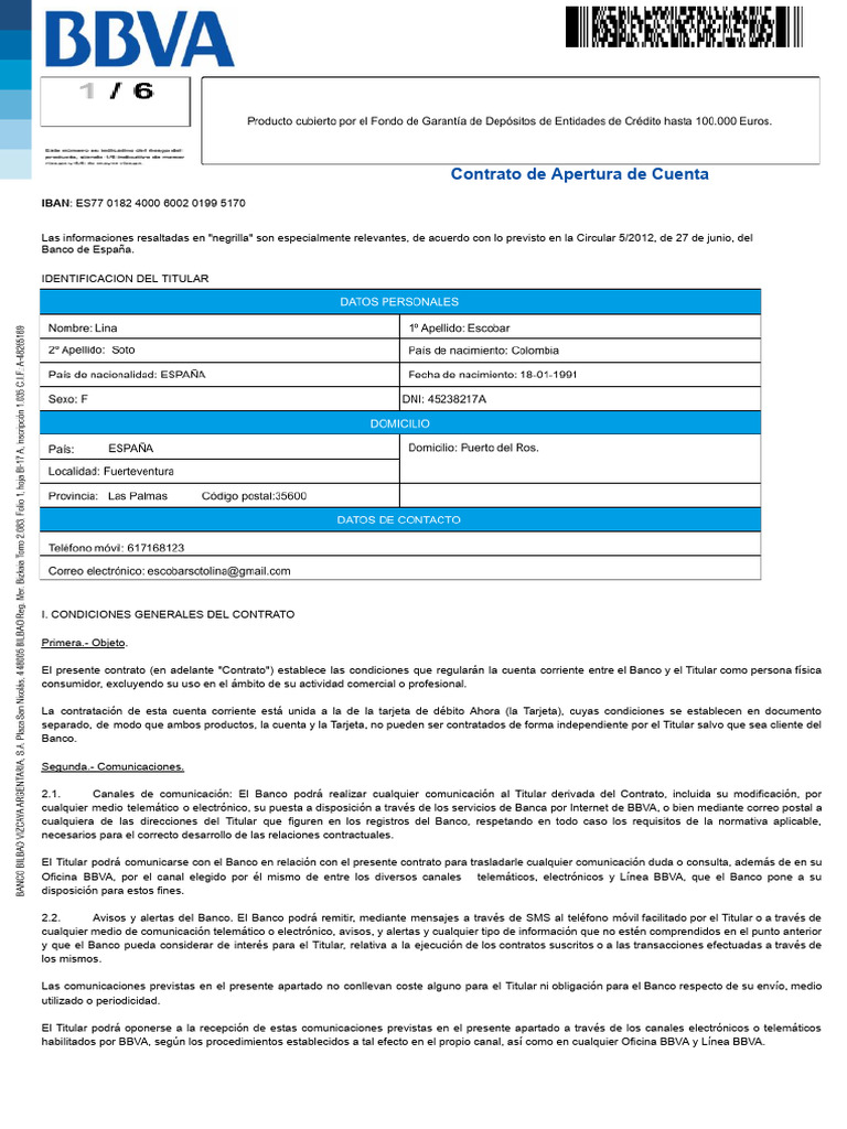 Contrato-Apertura-Cuenta BBVA | PDF | Bancos | Cheque