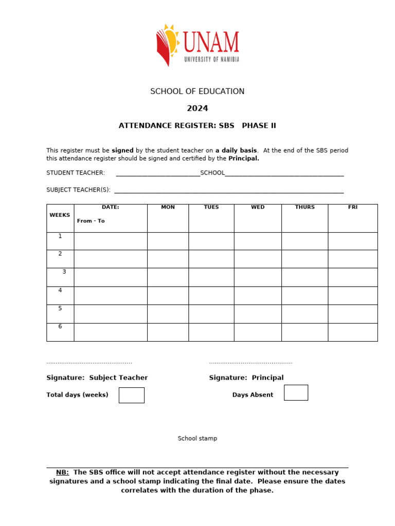 2024 Student Teacher Attendance Register | PDF