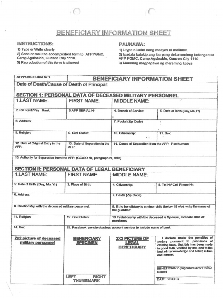 Beneficiary Data Sheet | PDF