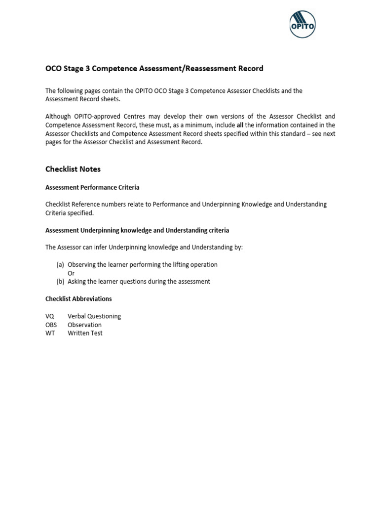 OPITO OCO Stage 3 Competence Assessment | PDF | Crane (Machine)