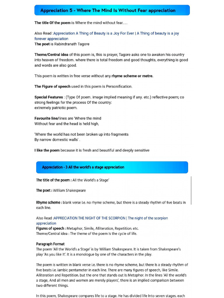 10th English All Poem Appreciation | PDF