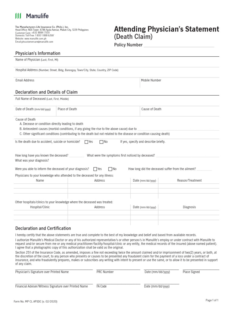 Manulife Philippines - Attending Physician's Statement - Death Claim ...