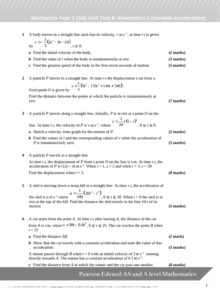 Edexcel AS Level Mechanics Unit 9 Test | PDF | Acceleration | Velocity
