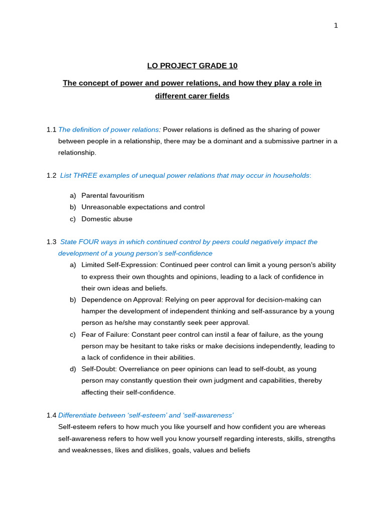 Lo Project Grade 10 Draft | PDF | Gender Role | Self Esteem