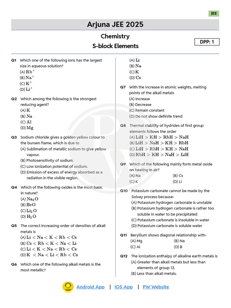 S-Block Elements DPP 01(of Lec 02) Arjuna JEE 2025 | PDF | Sodium | Lithium