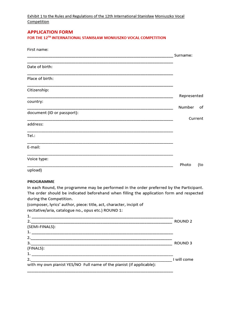 Application Form for Moniuszko Vocal Competition | PDF | Government And ...