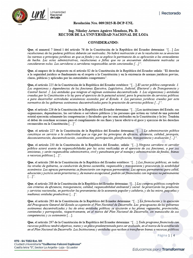 Resolución Nro. 009/2025-R-DCP-UNL Ing. Nikolay Arturo Aguirre Mendoza, Ph. D. Rector de La ...