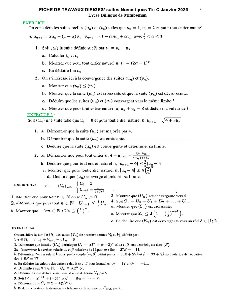 fiche suites numeriques terminale SM | PDF