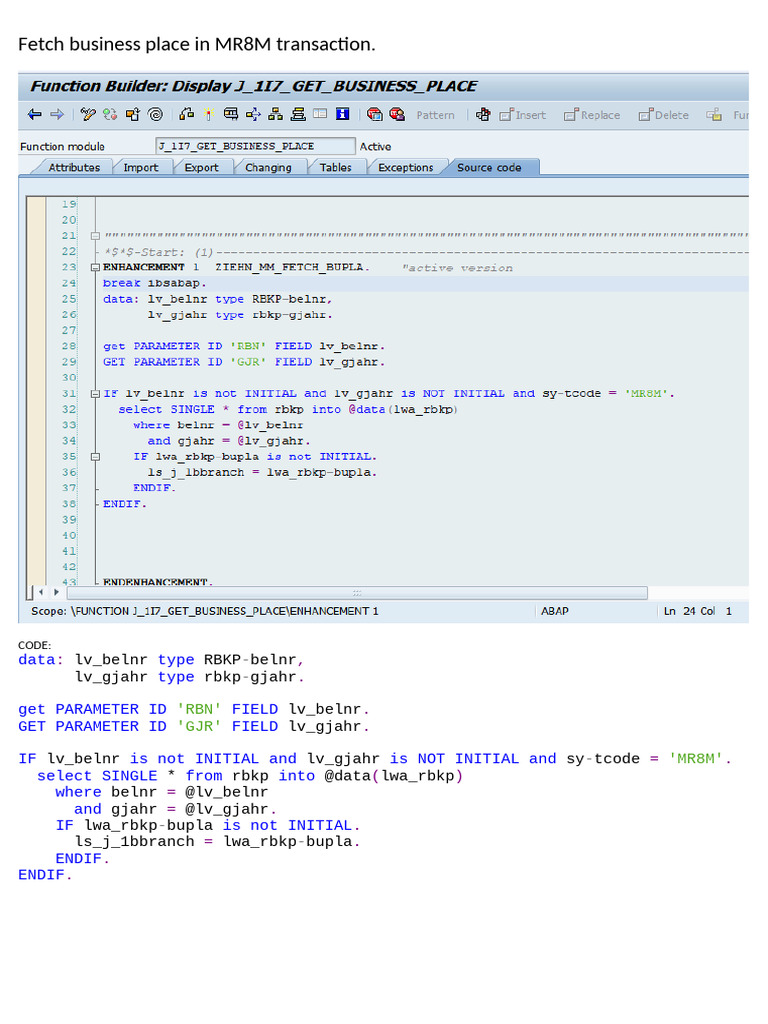 Fetch Business Place in MR8M Transaction | PDF