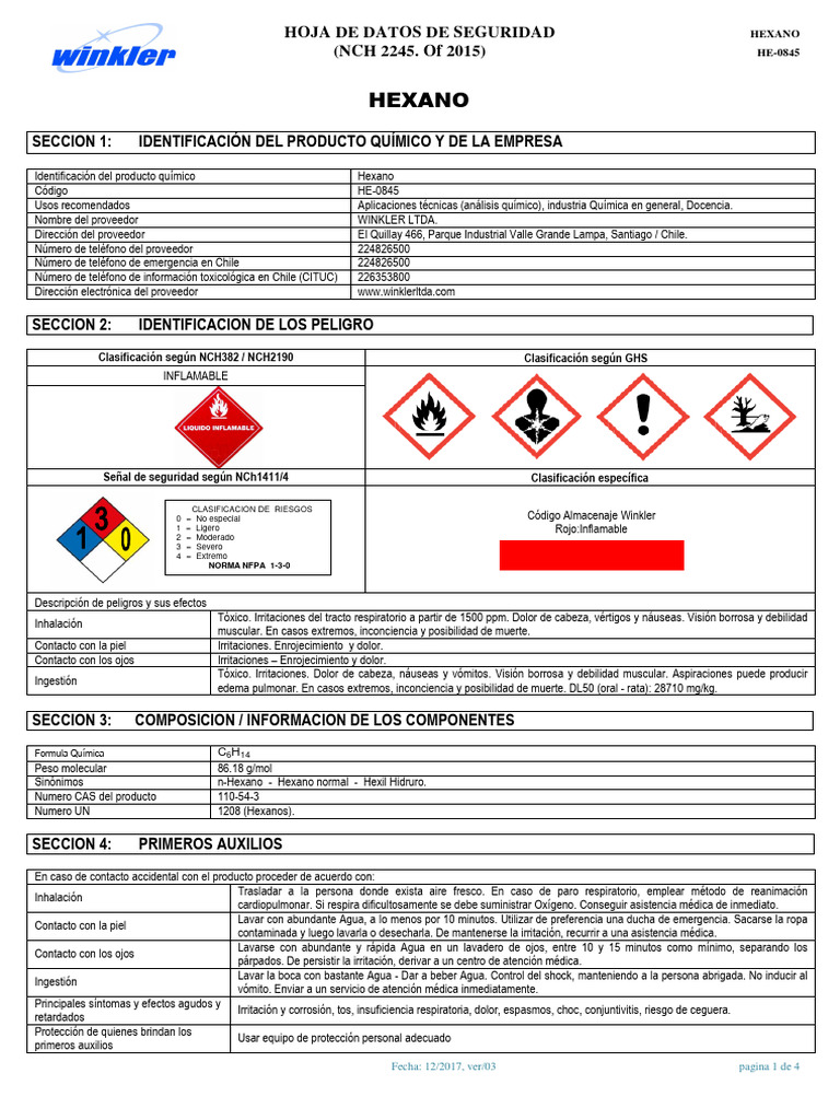 Hoja de Seguridad: Hexano (HE-0845) | PDF | Agua | Combustión