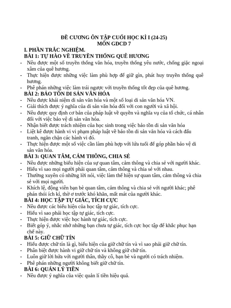 ĐỀ CƯƠNG GDCD 7 - HKI | PDF