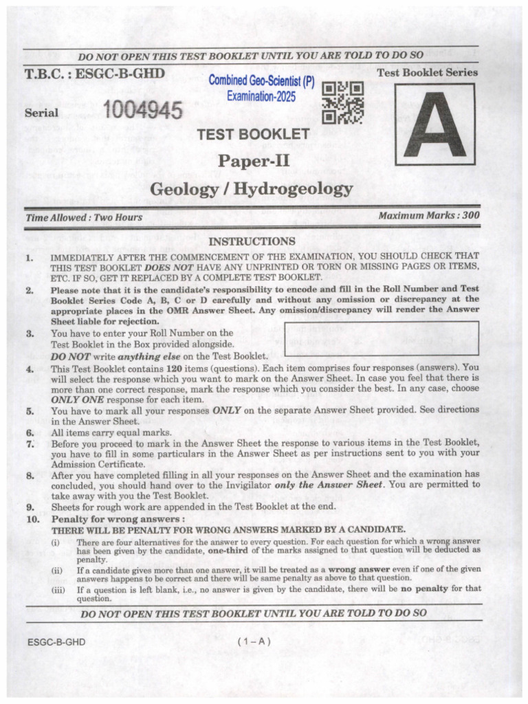 Qp Cgeoscnstp 25 Geology Hydrogeology Paper II 100225 | PDF