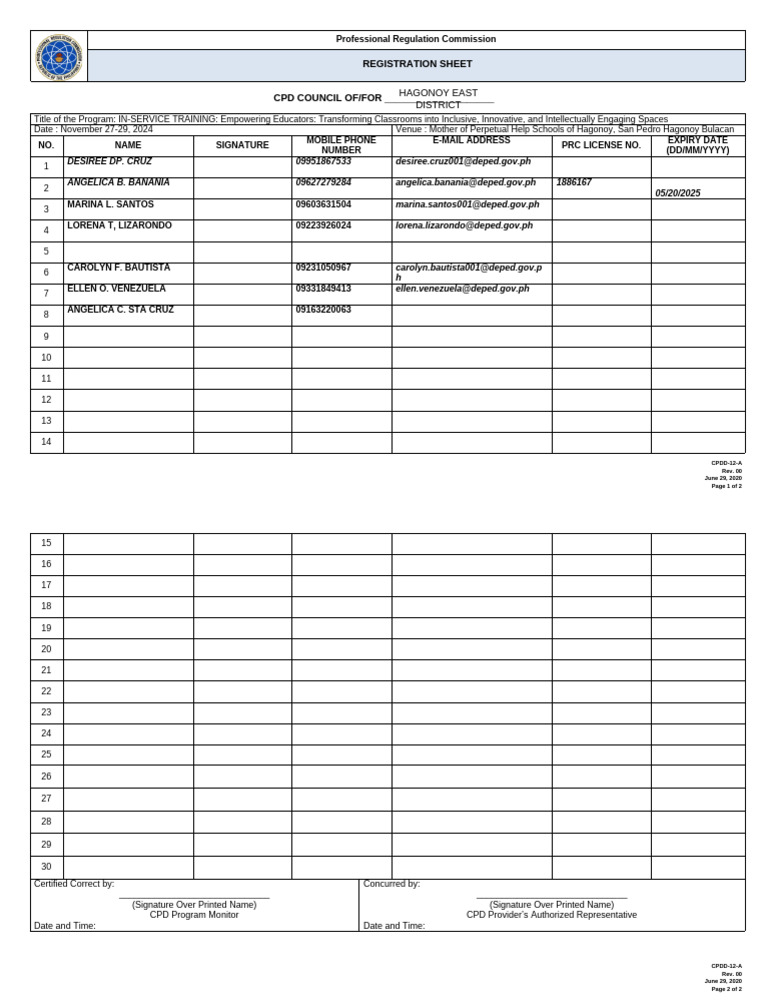 In-Service Training Registration Sheet | PDF